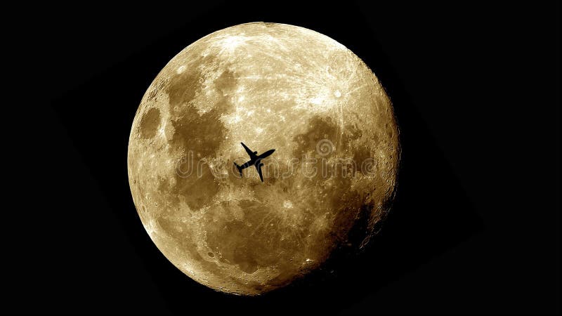 Silhouette of Airplane Passing Over Super Moon. Night Flying in the Sky ...