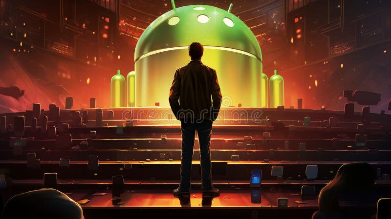 Silhouette of an Android on a Platform Illuminated by Dynamic Light ...