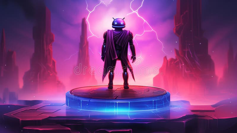 Silhouette of an Android Standing on a Platform Surrounded by Dynamic ...