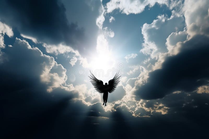 Silhouette of Angel Spreading Wings Flying in Clouds Sky with Bright of ...