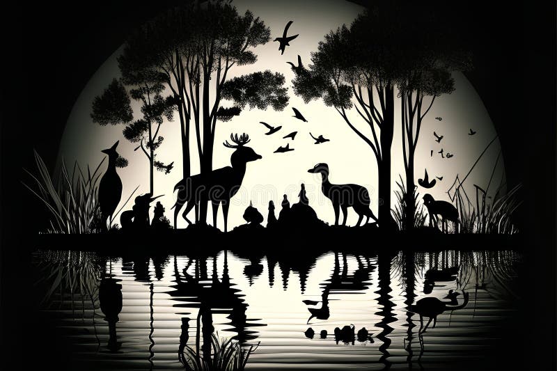 Silhouette of Animals in the Forest with Reflection on the Water Stock ...