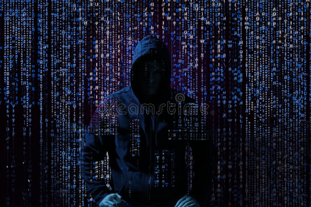 Silhouette of Anonymous Hacker and Digital Binary Code on Dark Background. Cyber Attack Concept ...