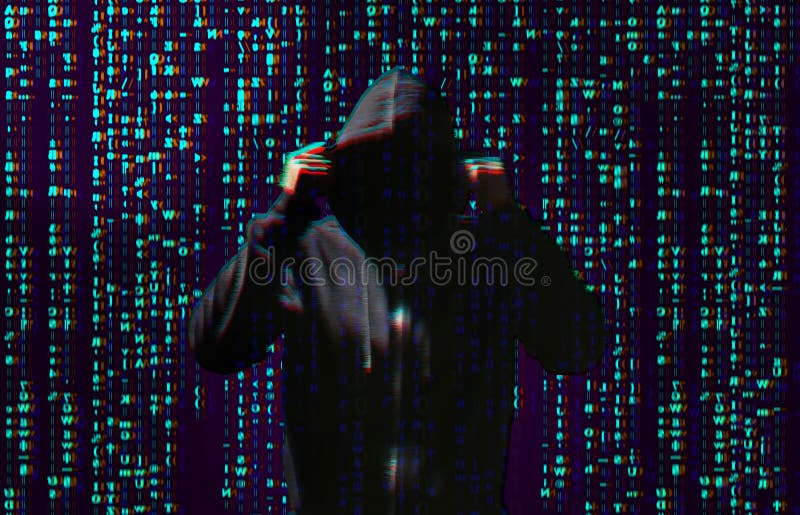 Silhouette of Anonymous Hacker and Digital Binary Code on Dark Background. Cyber Attack Concept ...