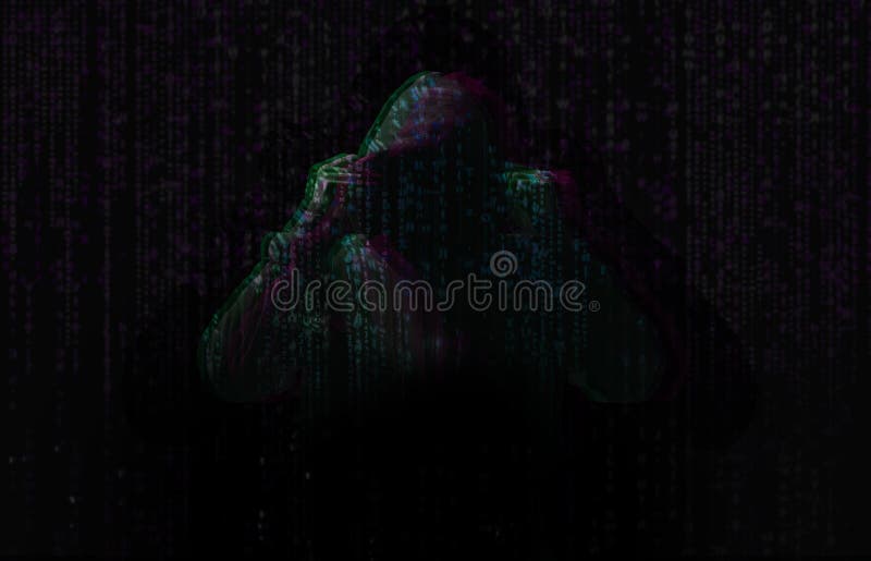 Silhouette of Anonymous Hacker and Digital Binary Code on Dark Background. Cyber Attack Concept ...