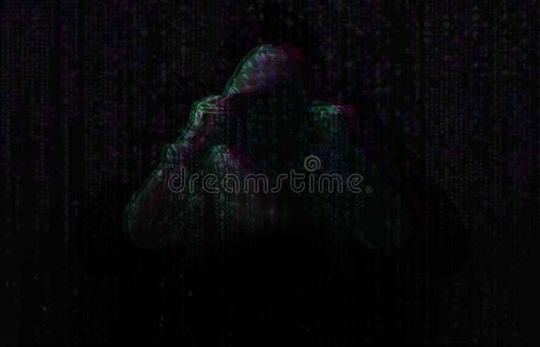 Silhouette of Anonymous Hacker and Digital Binary Code on Dark Background. Cyber Attack Concept ...