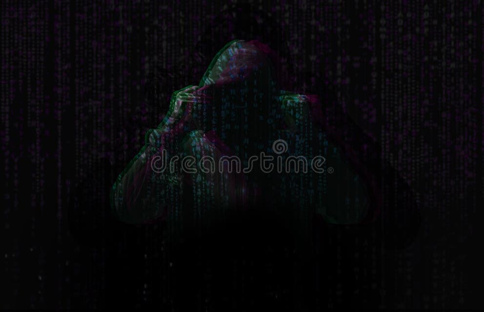 Silhouette of Anonymous Hacker and Digital Binary Code on Dark Background. Cyber Attack Concept ...