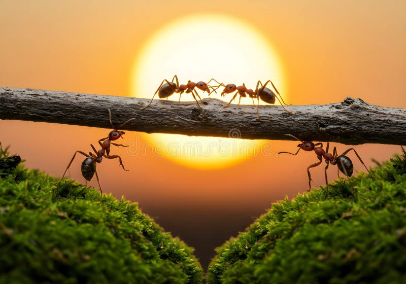 Silhouette Ants Teamwork Supporting Stick Bridge at Sunset Stock ...