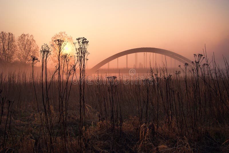 Silhouette of an Arch Bridge Above the River Covered with Thick Fog ...