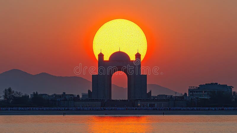 Silhouette of Arch at Sunset Over Water Stock Illustration ...