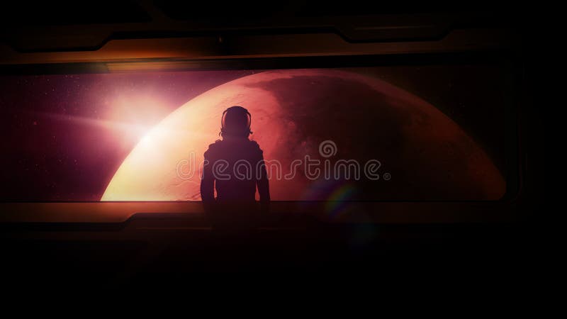 Astronaut at the Porthole of a Spacecraft Approaching Mars. Stock Image ...