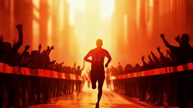 Silhouette of Athlete Approaching Finish Line with Cheering Crowd in ...