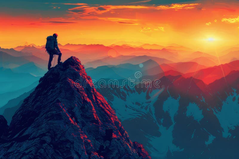 Silhouette of an Athlete Climbing To Top of Mountain Stock Image ...