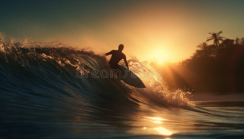 Silhouette of Athlete Surfing Barrel at Sunset in Tropical Paradise ...