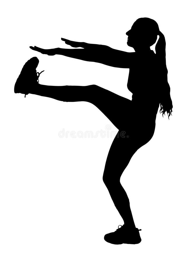 Silhouette of Athletic Woman Performing Balancing Exercise with Leg ...