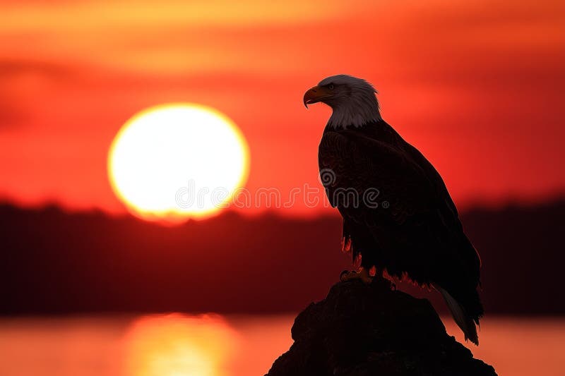 Silhouette of a Bald Eagle Perched on a Rock, Enjoying a Vibrant Sunset ...