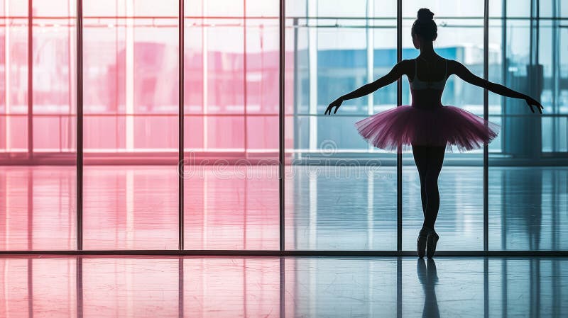 Silhouette of Ballerina Reflecting in Large Studio with Pink Light ...