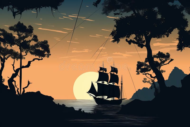 The Silhouette of a Barque on the River Stock Illustration ...