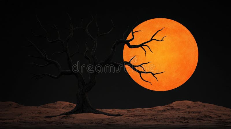 Silhouette of a Barren Tree Against a Glowing Orange Moon on a Dark ...