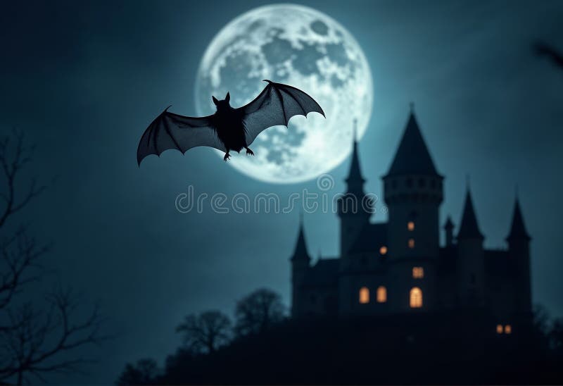 Silhouette of a Bat Flying in Front of a Full Moon Over a Dark Castle ...