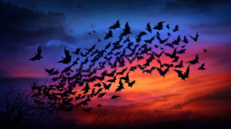 Silhouette of Bats Flying Against a Colorful Sunset Sky Stock ...