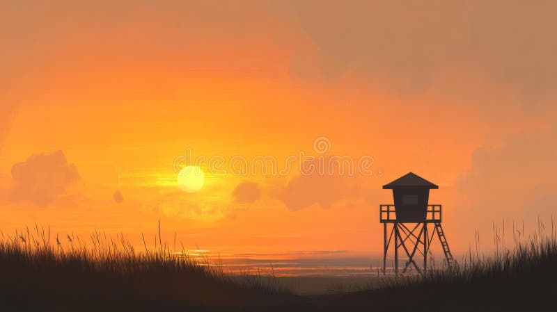Silhouette of a Beach Tower at Sunset Stock Illustration - Illustration ...