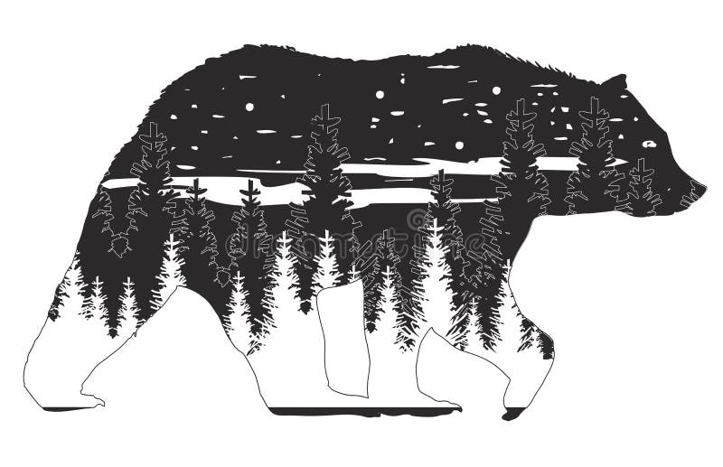 Silhouette of a Bear. Inside a Pine Forest with a Mountains, Road and ...