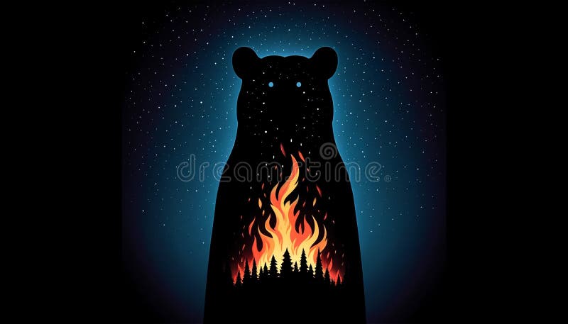 The Silhouette of a Bear on a Starry Sky with a Forest Fire Burning ...