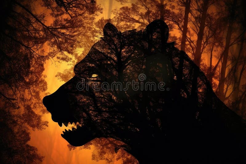 Silhouette of Bear of the Tree, Forest Fire Created with Generative AI ...