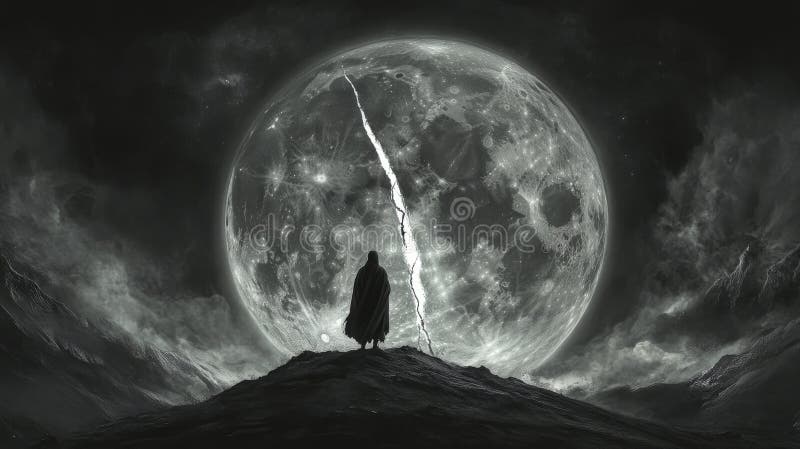 Silhouette Beneath a Shattered Moonlit Sky Stock Photo - Image of ...