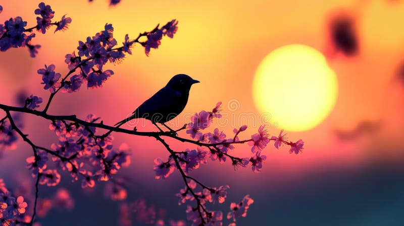 Silhouette Bird on Blossom Tree at Sunset Stock Illustration ...