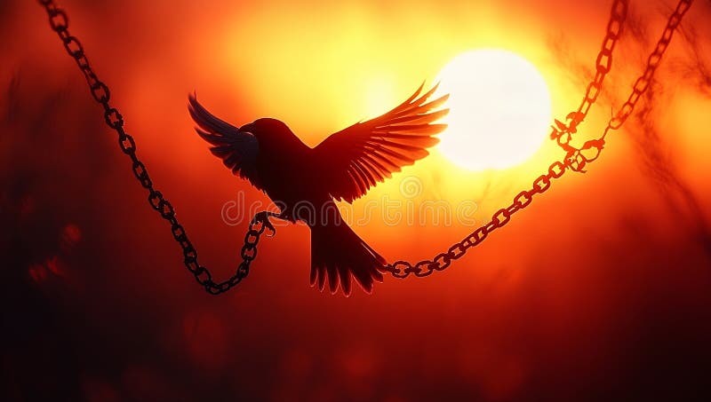 Silhouette of a Bird Breaking Free from Chains at Sunset a Symbol of ...