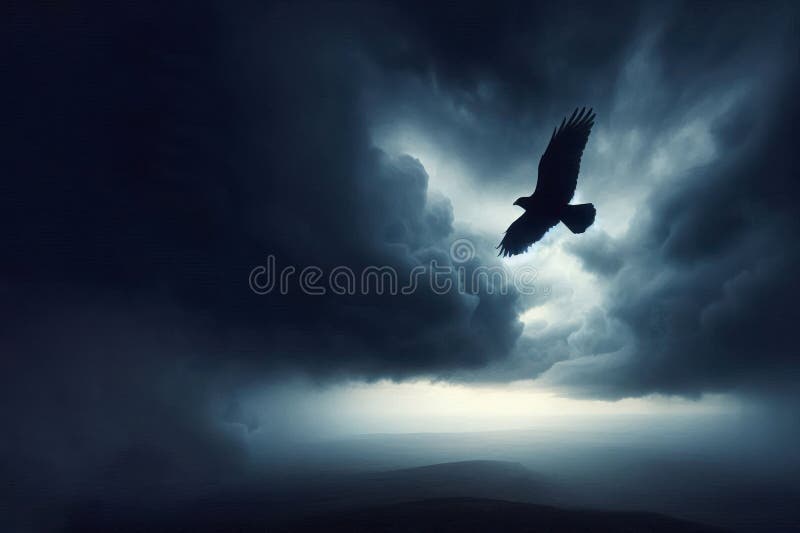 Silhouette of a Bird in Flight Against the Background of Storm Clouds ...