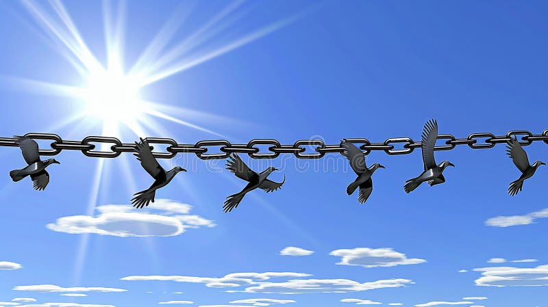 Silhouette of Bird Flying and Broken Chains at Sunset Background Stock ...