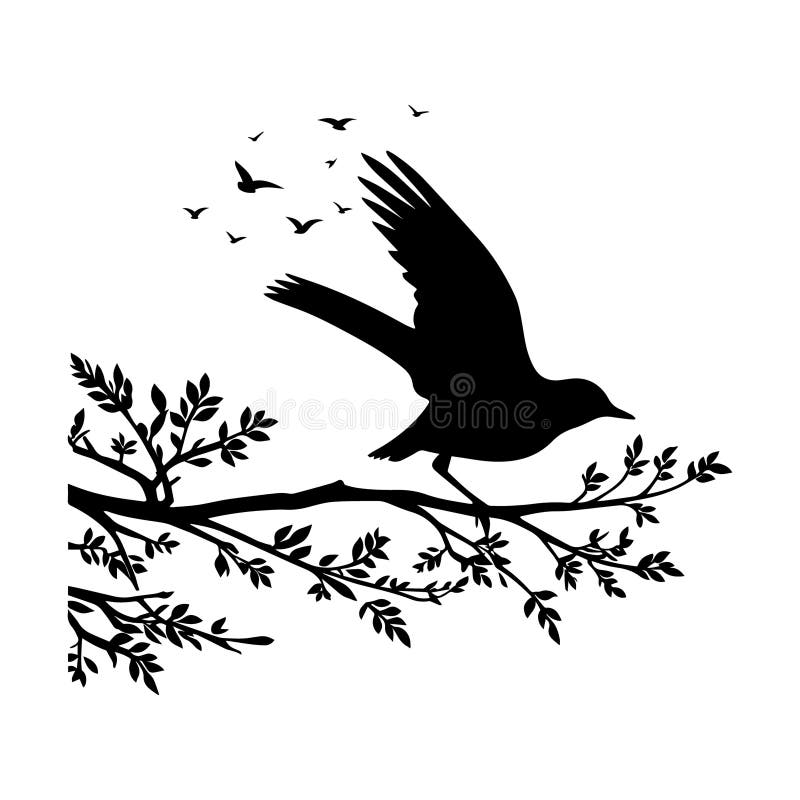 Silhouette of a Bird Landing on a Branch on a White Background Stock ...