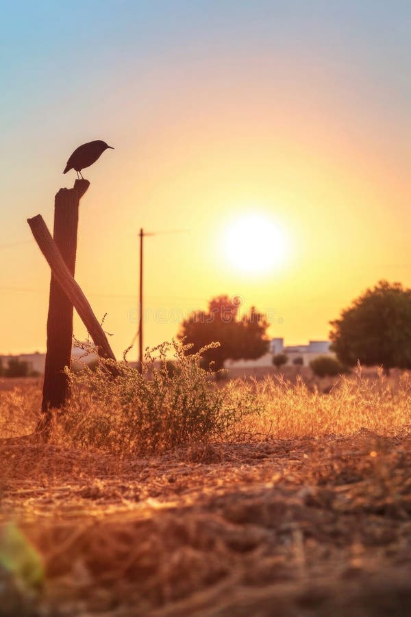 Silhouette Bird Perched Post Sunset Rural Landscape Stock Photos - Free ...