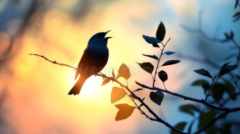 Silhouette Bird Singing at Sunrise Stock Illustration - Illustration of ...