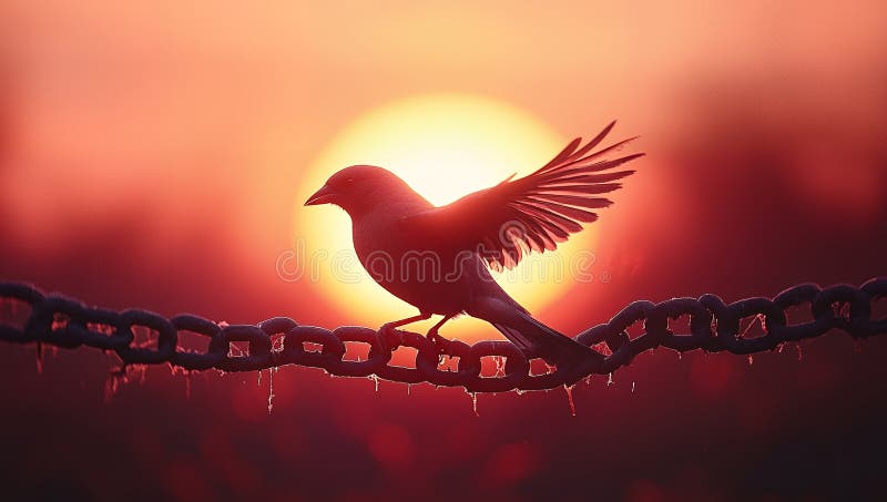 Silhouette of a Bird Taking Flight at Sunset Perched on a Chain Link ...