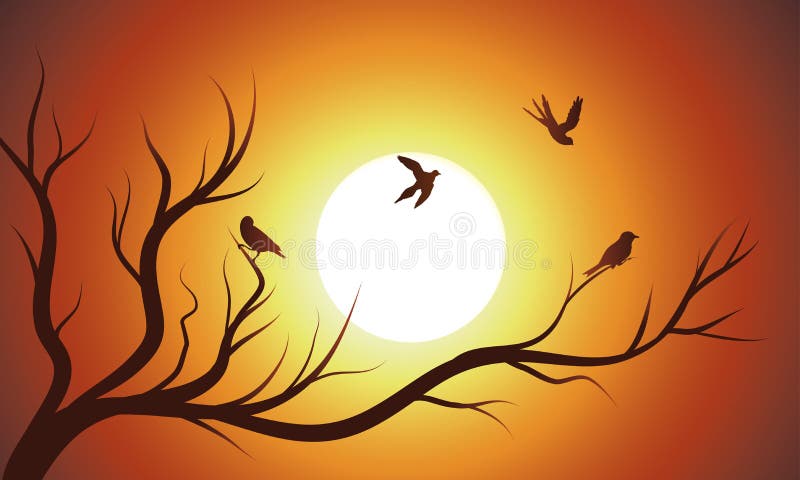 Tree At Sunset With Sun And Birds Stock Illustration - Illustration of ...