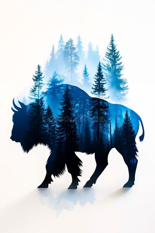 A Silhouette of a Bison in the Woods with Trees in the Background Stock ...