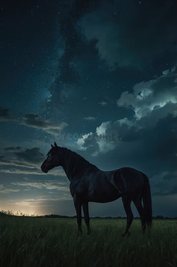 Majestic Black Stallion Under Starry Night Sky Stock Illustration ...
