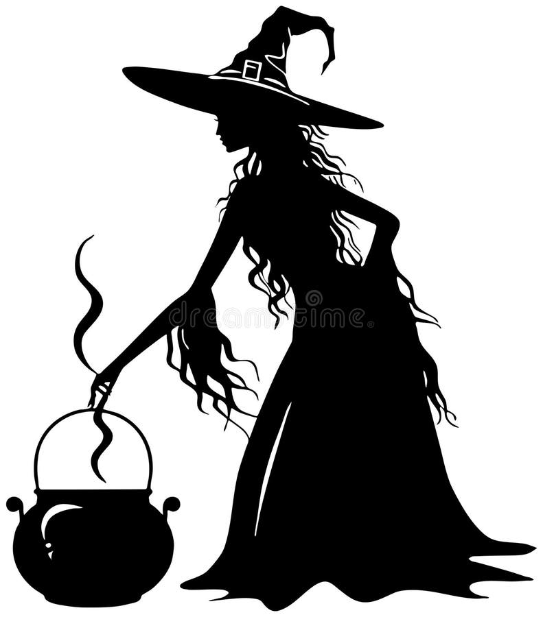 Silhouette of a Witch with a Cauldron Stock Vector - Illustration of ...
