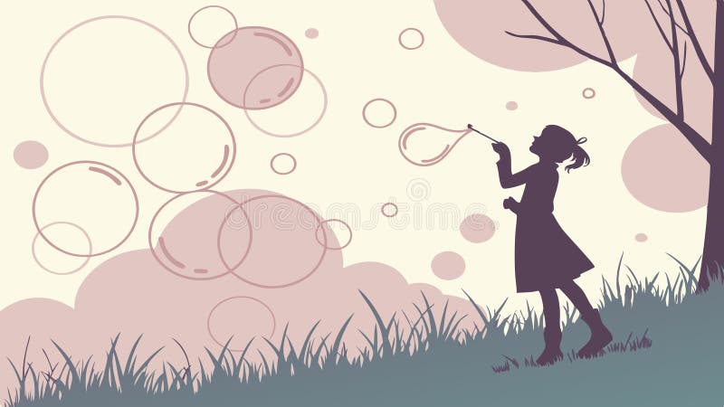 Silhouette Blowing Bubbles Under Tree, Peaceful Childhood Memory Vector ...