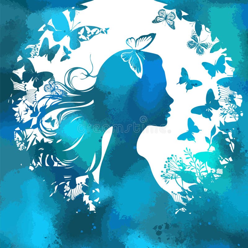 Silhouette Blue Watercolor Girl With Butterflies Silhouettes Beauty