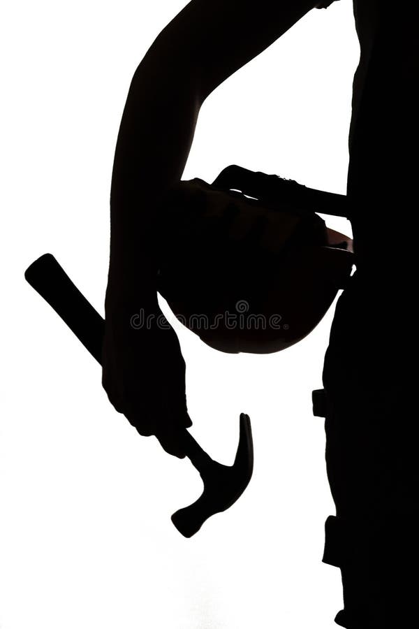 Silhouette Body Part of Builder Worker with Hammer and Hard Hat Under ...