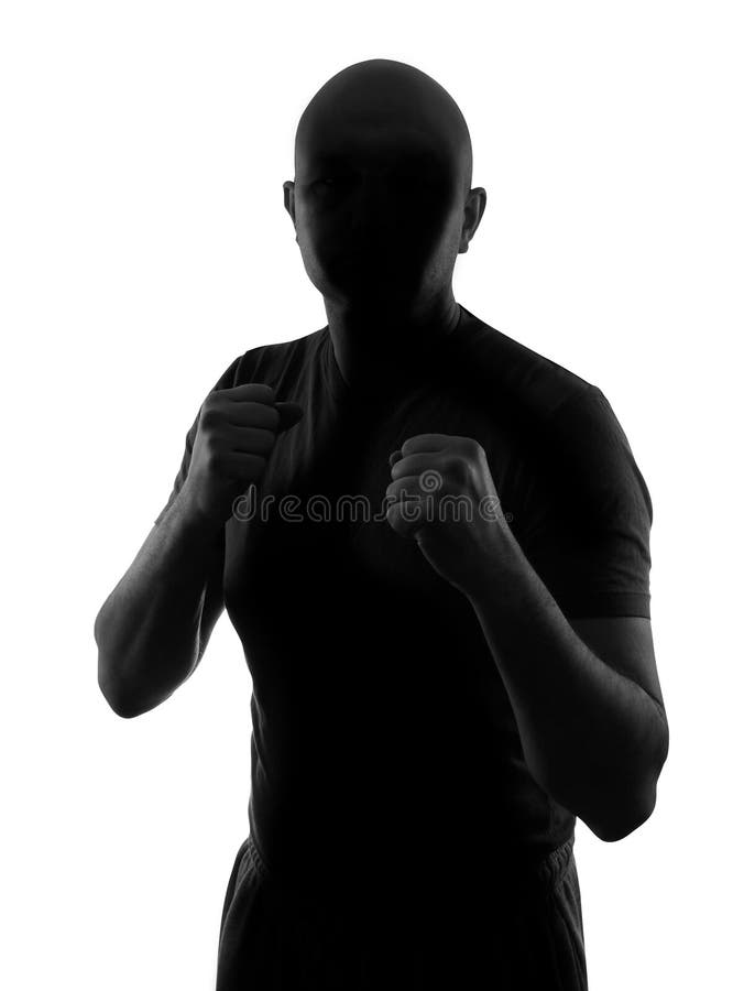 Silhouette of a Bold Man on a White Background. Boxing Stance, Power ...