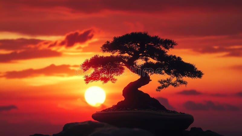 Silhouette of a Bonsai Tree at Sunset Stock Illustration - Illustration ...