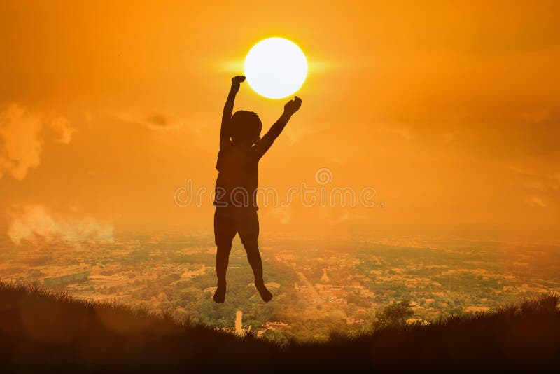 Silhouette of Boy Happy Jumping Touch the Sun Stock Image - Image of ...