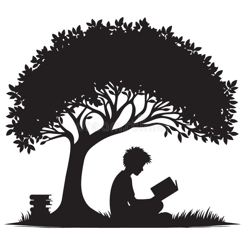 Silhouette of Boy Reading Under Tree Vector Illustration for Education ...