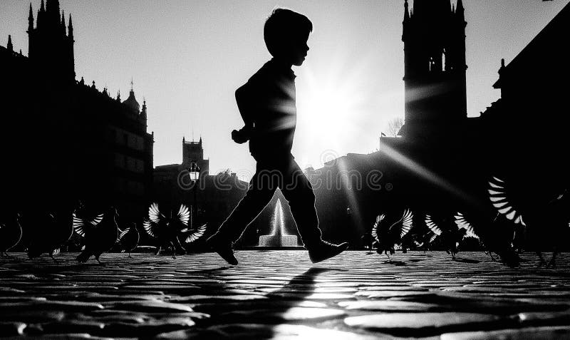 Silhouette of a Boy Running through a Square with Pigeons at Sunset ...