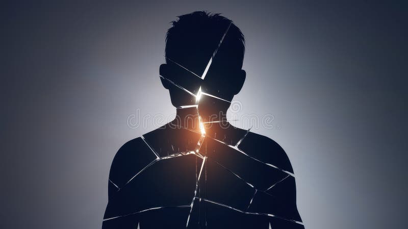 Silhouette of a Boy Surrounded by a Shattered Reflection, Symbolizing ...
